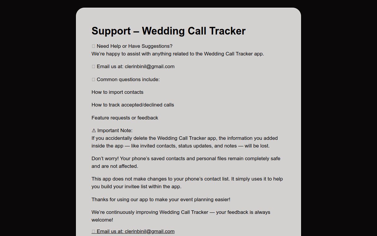 Wedding Call Tracker – Support